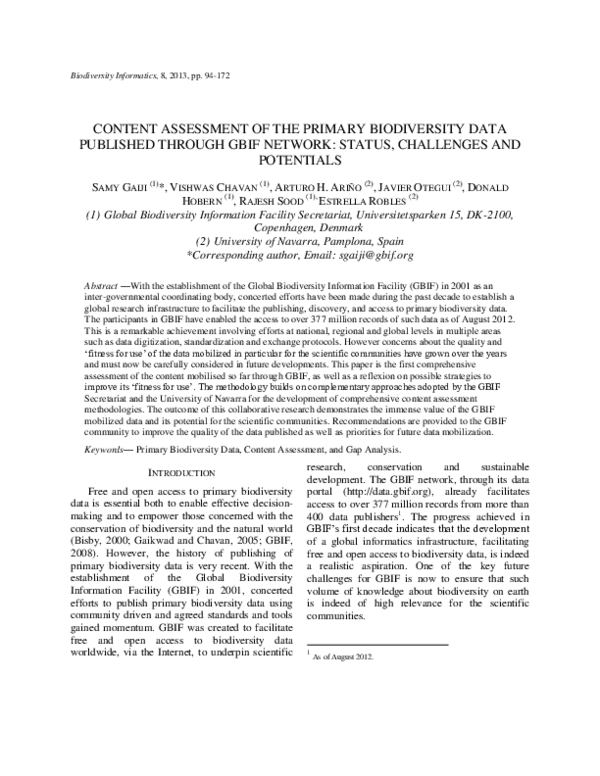 (PDF) Content assessment of the primary biodiversity data published through GBIF network: Status ...