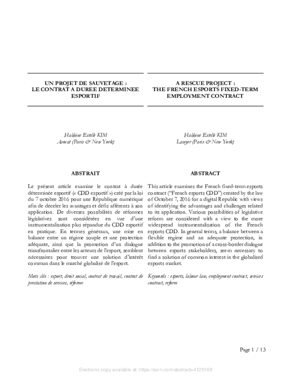 (PDF) A RESCUE PROJECT : THE FRENCH ESPORTS FIXED-TERM EMPLOYMENT CONTRACT