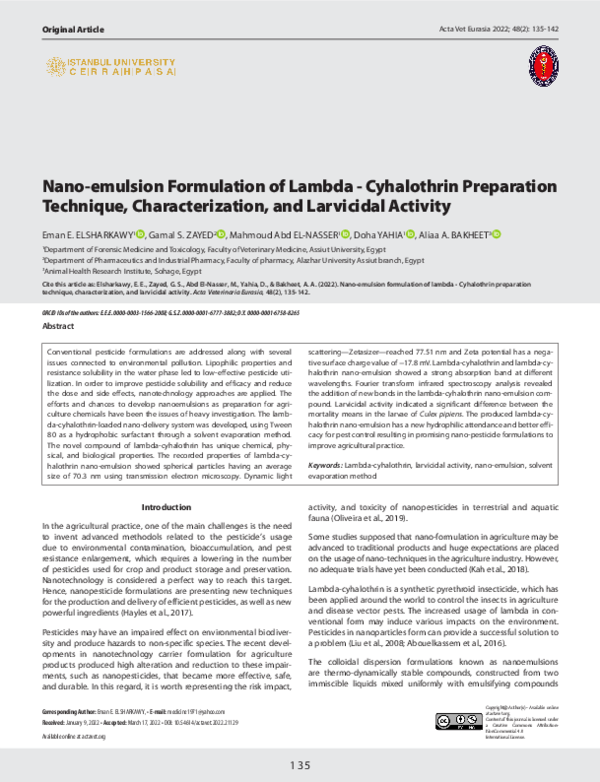 (PDF) Nano-emulsion Formulation of Lambda - Cyhalothrin Preparation Technique, Characterization ...
