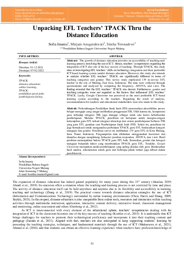 (PDF) Unpacking EFL Teachers’ TPACK thru the Distance Education