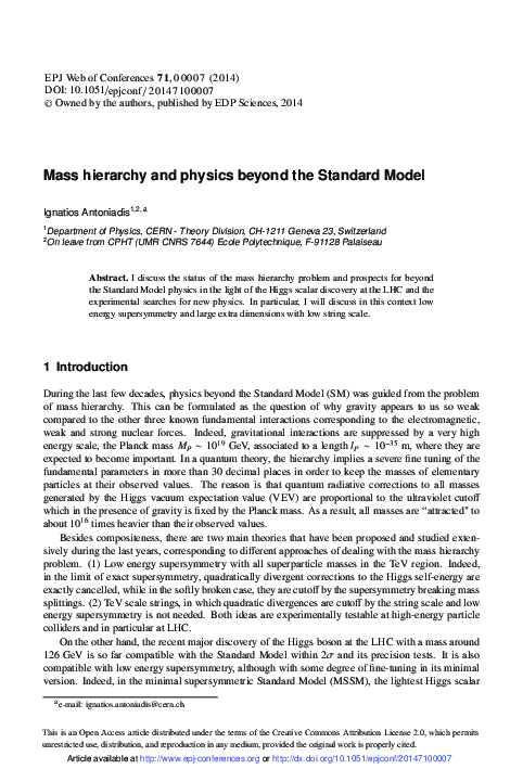 (PDF) Mass hierarchy and physics beyond the Standard Model