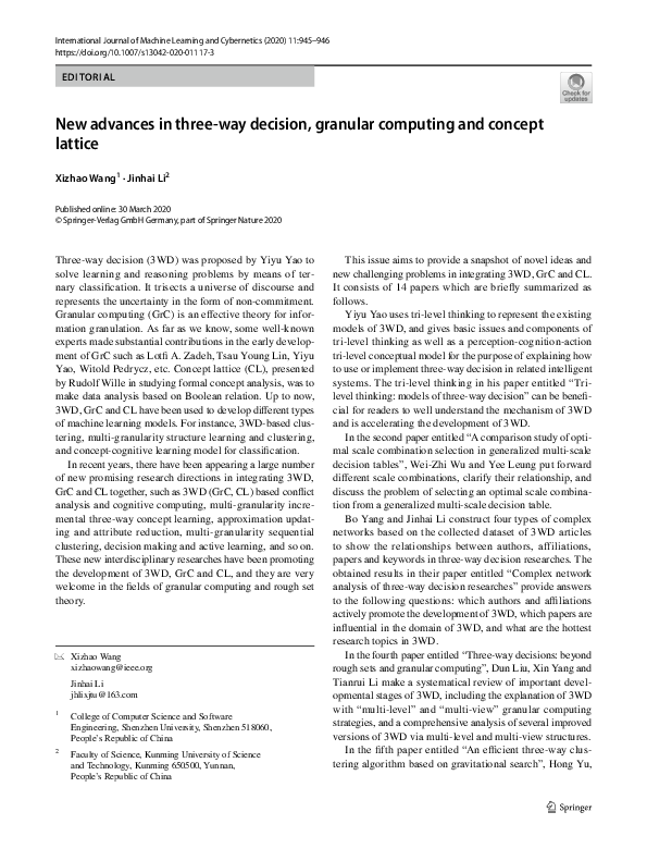 Pdf New Advances In Three Way Decision Granular Computing And Concept Lattice Xizhao Wang