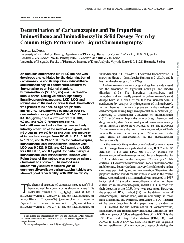 (PDF) Determination of Carbamazepine and Its Impurities Iminostilbene and Iminodibenzyl in Solid ...