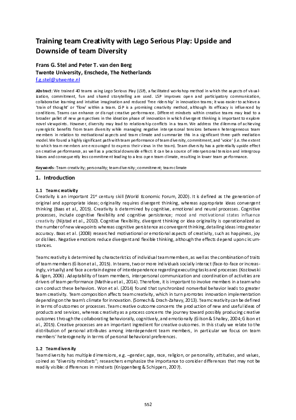 (PDF) Training team creativity with Lego Serious Play: Upside and downside of team diversity