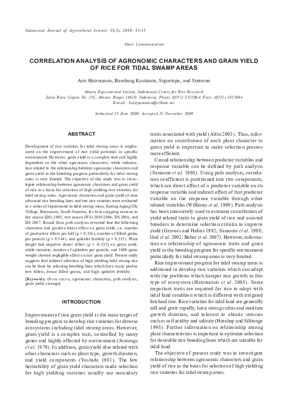 (PDF) Correlation Analysis of Agronomic Characters and Grain Yield of Rice for Tidal Swamp Areas
