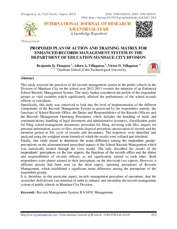 (PDF) Proposed Plan of Action and Training Matrix for Enhanced Records ...