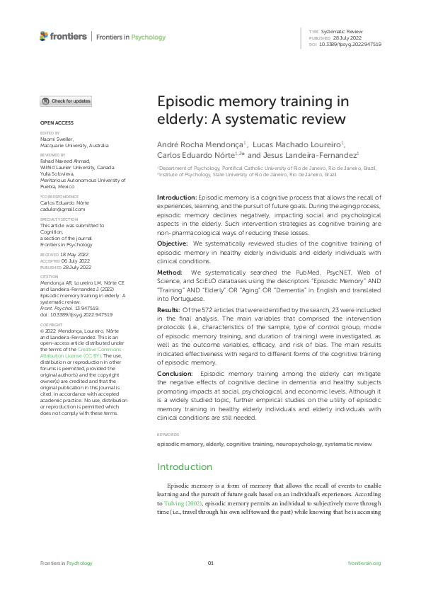 (PDF) Episodic memory training in elderly: A systematic review | lucas loureiro - Academia.edu