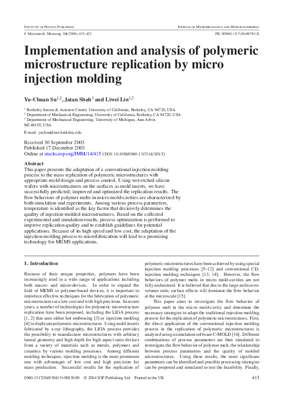 (PDF) Implementation and analysis of polymeric microstructure replication by micro injection ...