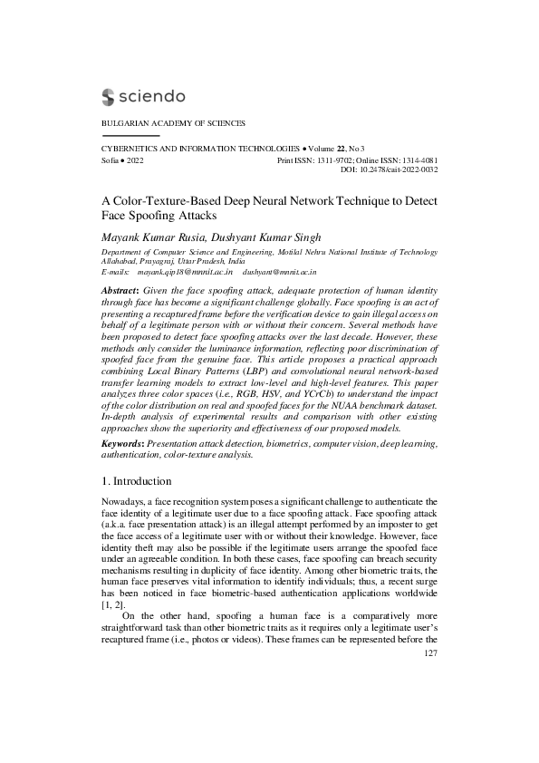 Pdf A Color Texture Based Deep Neural Network Technique To Detect Face Spoofing Attacks
