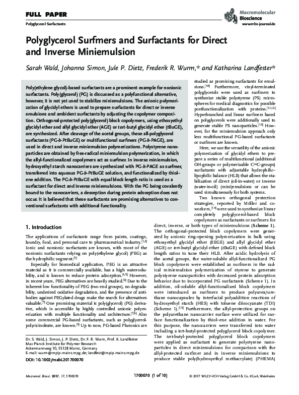 (PDF) Polyglycerol Surfmers and Surfactants for Direct and Inverse ...