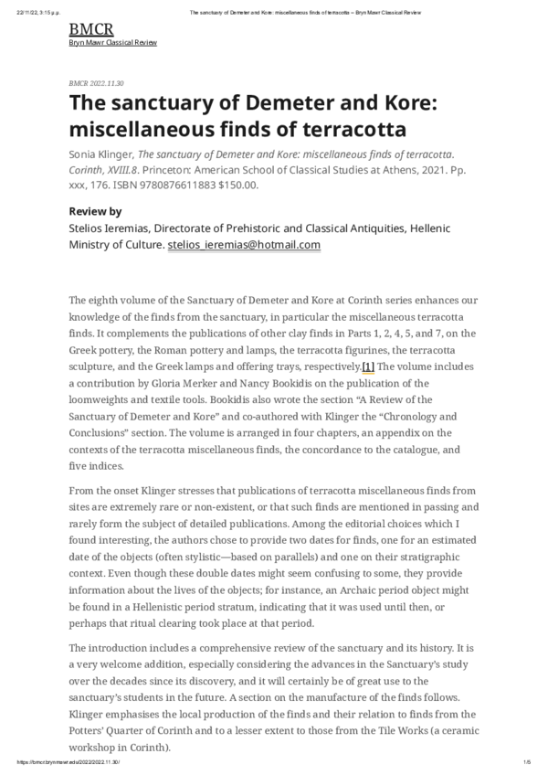 (PDF) Ieremias. Review of Sonia Klinger, The sanctuary of Demeter and ...