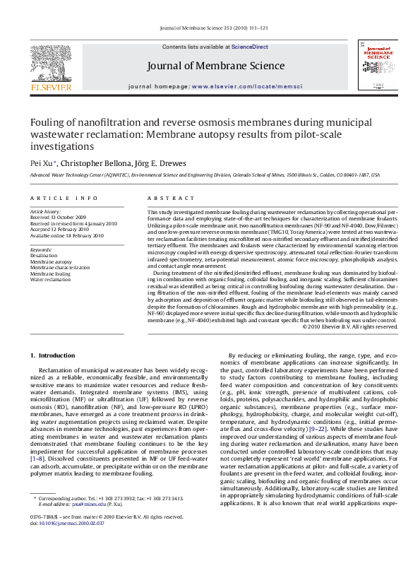 (PDF) Fouling of nanofiltration and reverse osmosis membranes during municipal wastewater ...