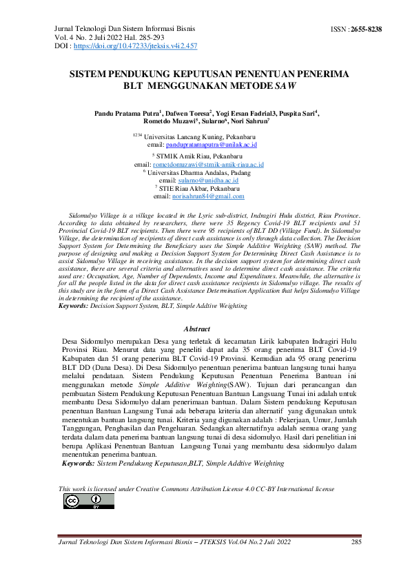 (PDF) Sistem Pendukung Keputusan Penentuan Penerima BLT Menggunakan Metode SAW