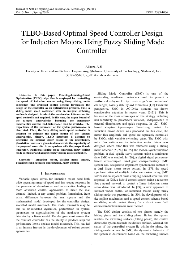 Pdf Tlbo Based Optimal Speed Controller Design For Induction Motors Using Fuzzy Sliding Mode