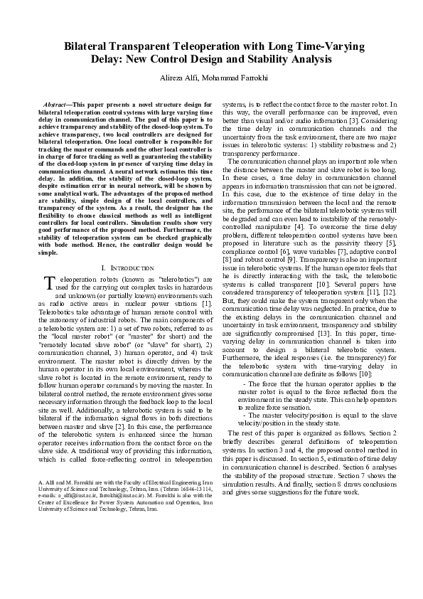 (PDF) Bilateral Transparent Teleoperation with Long Time-Varying Delay: New Control Design and ...
