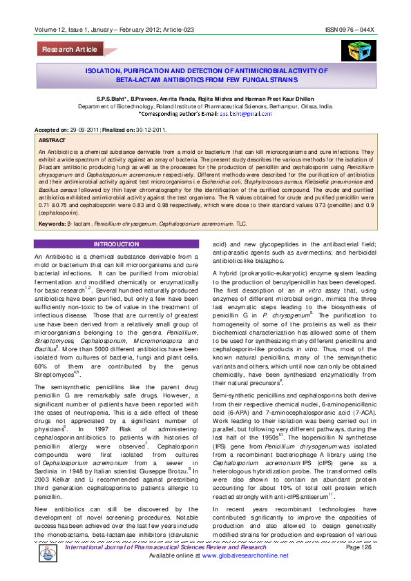 (PDF) Isolation, purification and detection of antimicrobial activity ...