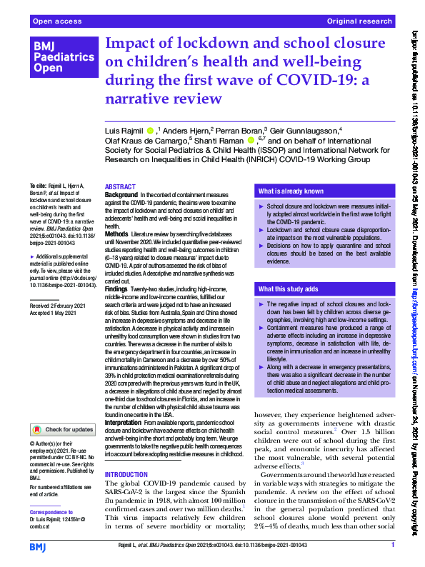 (PDF) Impact of lockdown and school closure on children’s health and ...