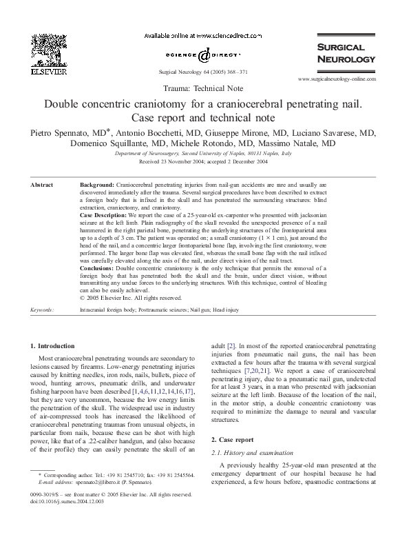 (PDF) Double concentric craniotomy for a craniocerebral penetrating ...