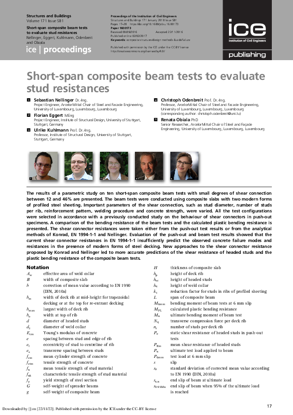 (PDF) Short-span composite beam tests to evaluate stud resistances