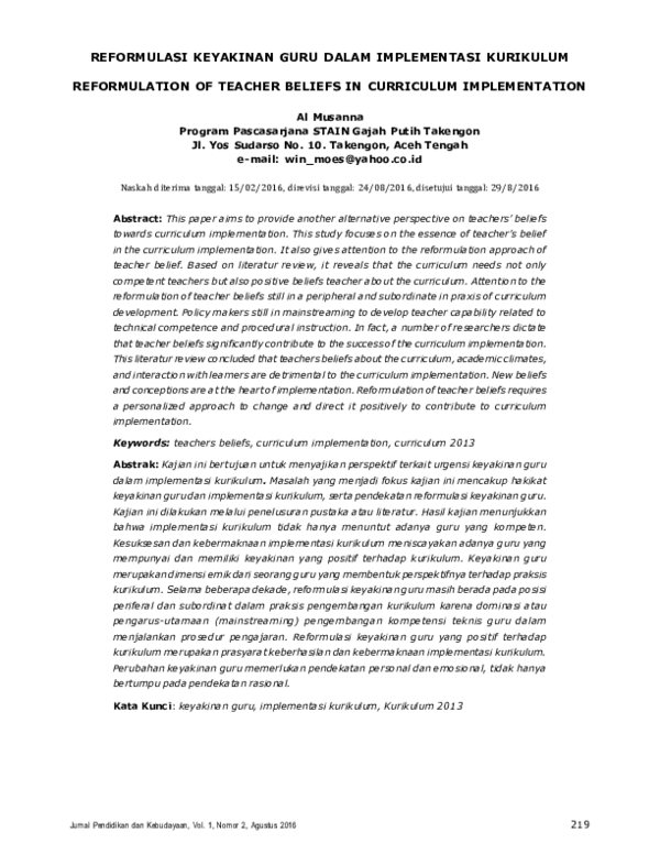 (PDF) Reformulasi Keyakinan Guru dalam Implementasi Kurikulum | Al ...