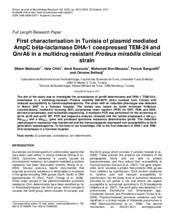 (PDF) First characterisation in Tunisia of plasmid mediated AmpC bta ...