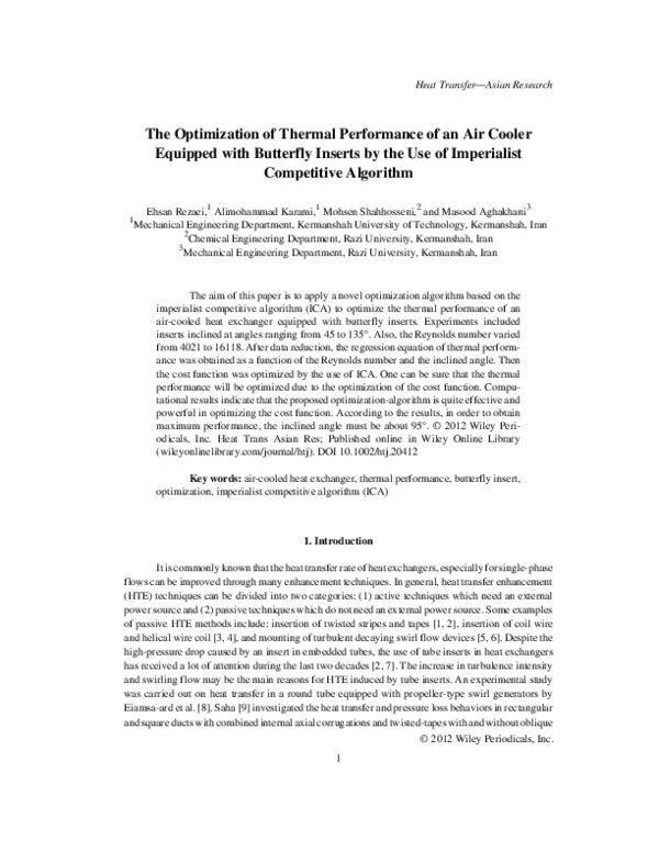(PDF) The optimization of thermal performance of an air cooler equipped with butterfly inserts ...