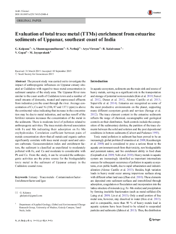 (PDF) Evaluation of total trace metal (TTMs) enrichment from estuarine sediments of Uppanar ...