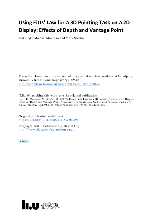 (PDF) Using Fitts' law for a 3d pointing task on a 2D display: Effects of depth and vantage point