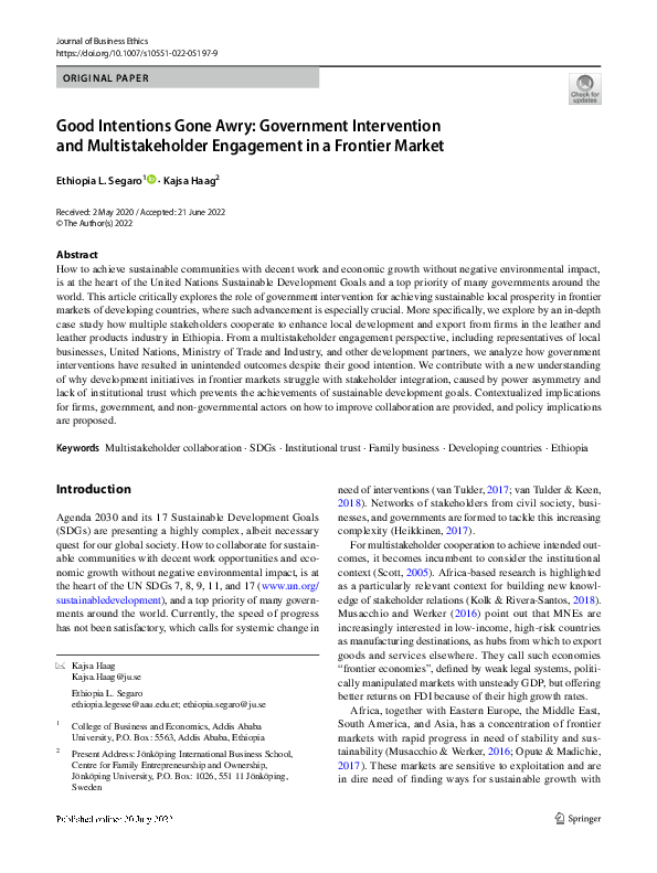 (PDF) Good Intentions Gone Awry: Government Intervention and Multistakeholder Engagement in a ...