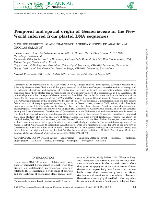 (PDF) Temporal and spatial origin of Gesneriaceae in the New World ...