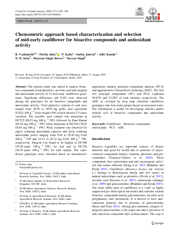 (PDF) Chemometric approach based characterization and selection of mid-early cauliflower for ...