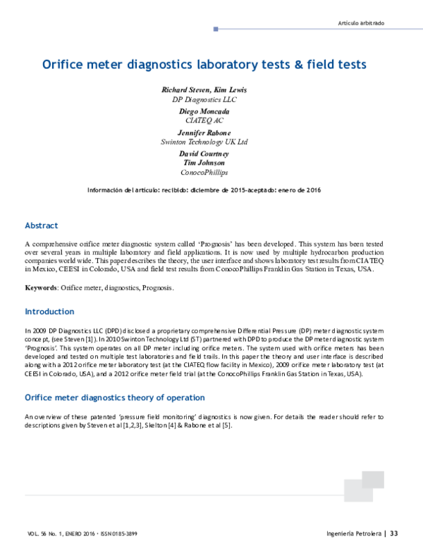 (PDF) Orifice meter diagnostics laboratory tests & field tests