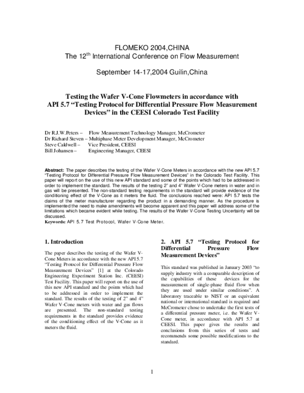 (PDF) Testing the Wafer V-Cone flowmeters in accordance with API 5.7 ...