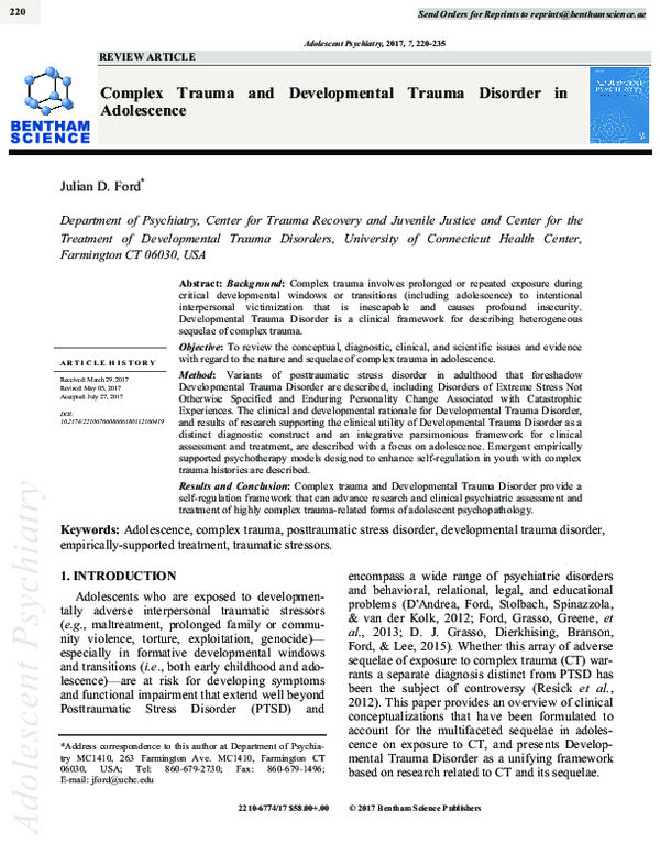 (PDF) Complex Trauma and Developmental Trauma Disorder in Adolescence