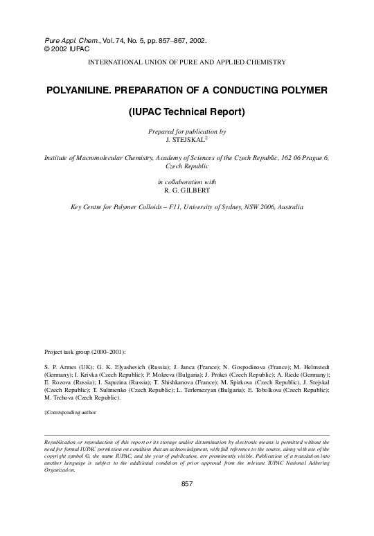 (PDF) Polyaniline. Preparation of a conducting polymer(IUPAC Technical Report)