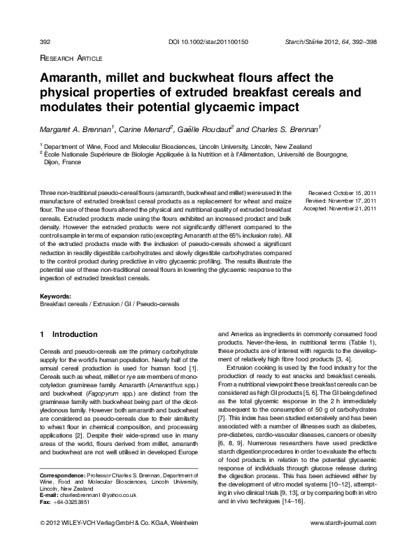 (PDF) Amaranth, millet and buckwheat flours affect the physical properties of extruded breakfast ...