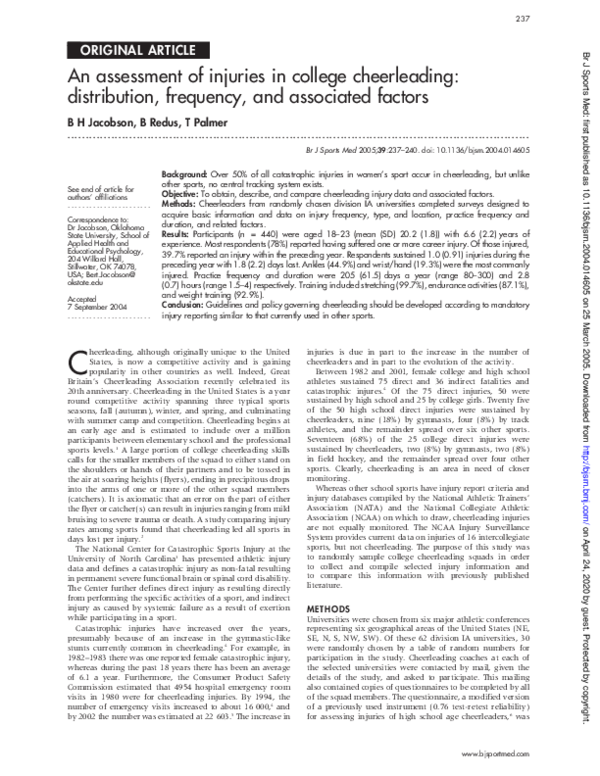 (PDF) An assessment of injuries in college cheerleading: distribution ...
