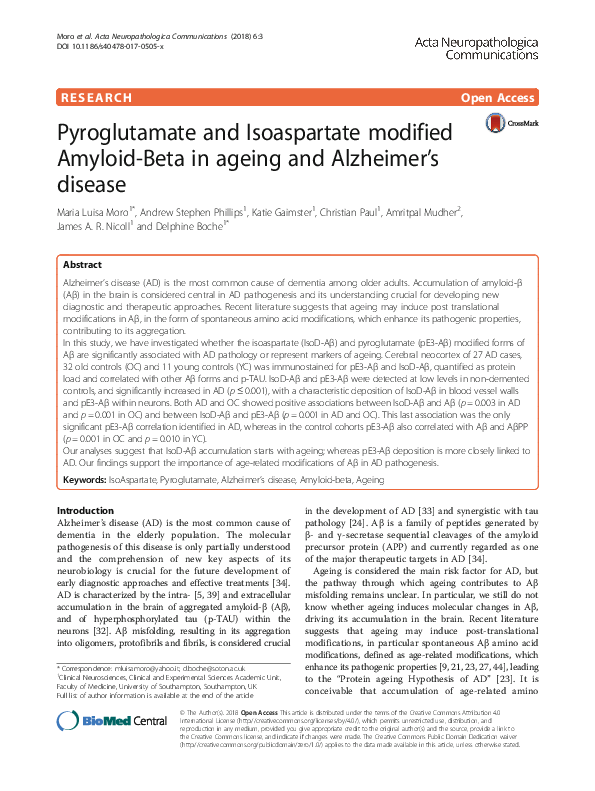 (PDF) Pyroglutamate and Isoaspartate modified Amyloid-Beta in ageing ...