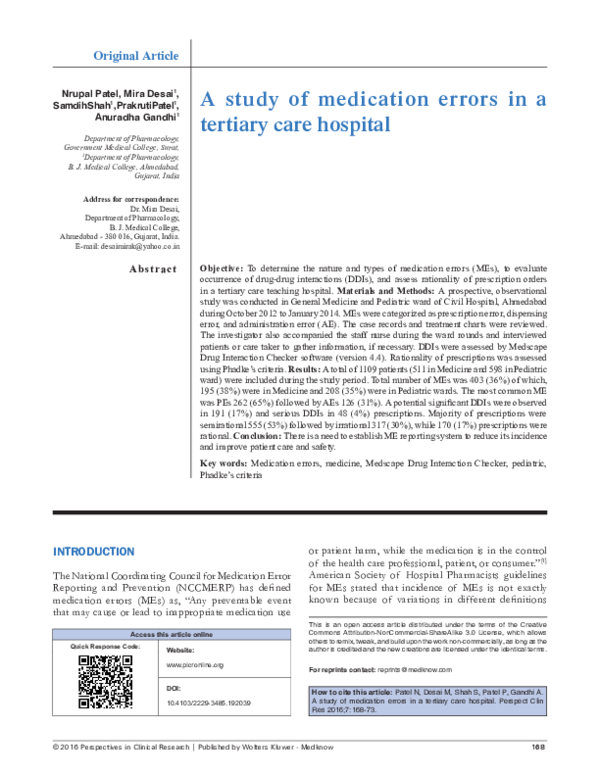 (PDF) A study of medication errors in a tertiary care hospital
