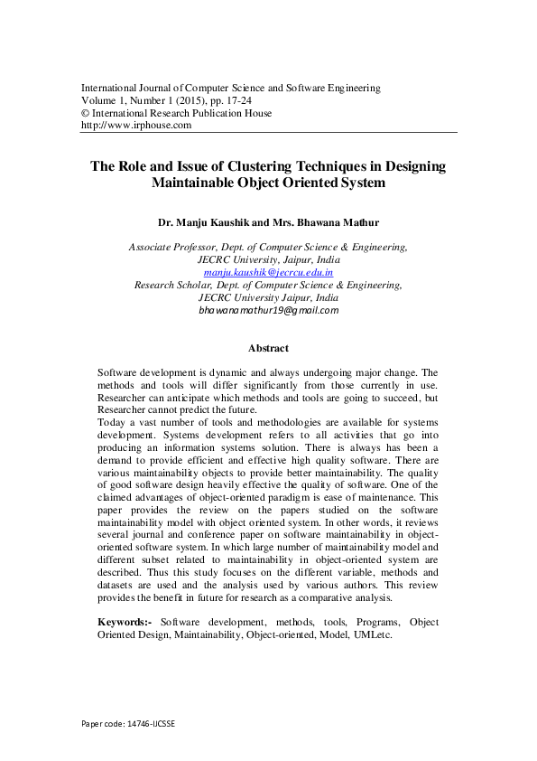 (PDF) The Role and Issue of Clustering Techniques in Designing Maintainable Object Oriented System