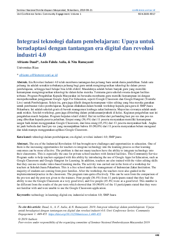 (PDF) Integrasi teknologi dalam pembelajaran: Upaya untuk beradaptasi dengan tantangan era ...