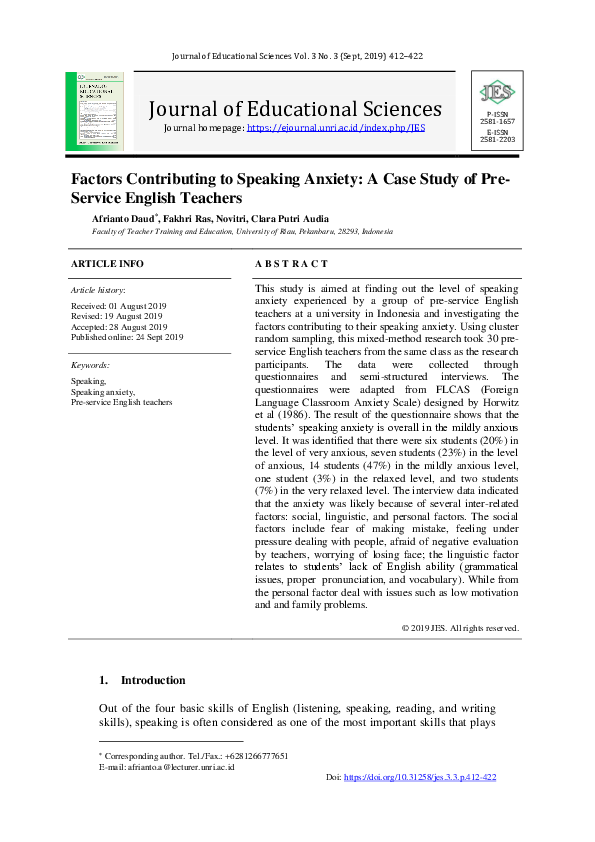 (PDF) Factors Contributing to Speaking Anxiety: A Case Study of Pre ...