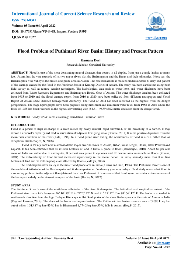 (PDF) Flood Problem of Puthimari River Basin: History and Present Pattern