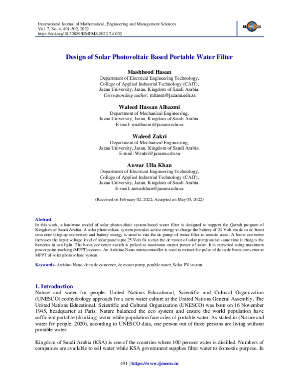 (PDF) Design of Solar Photovoltaic Based Portable Water Filter