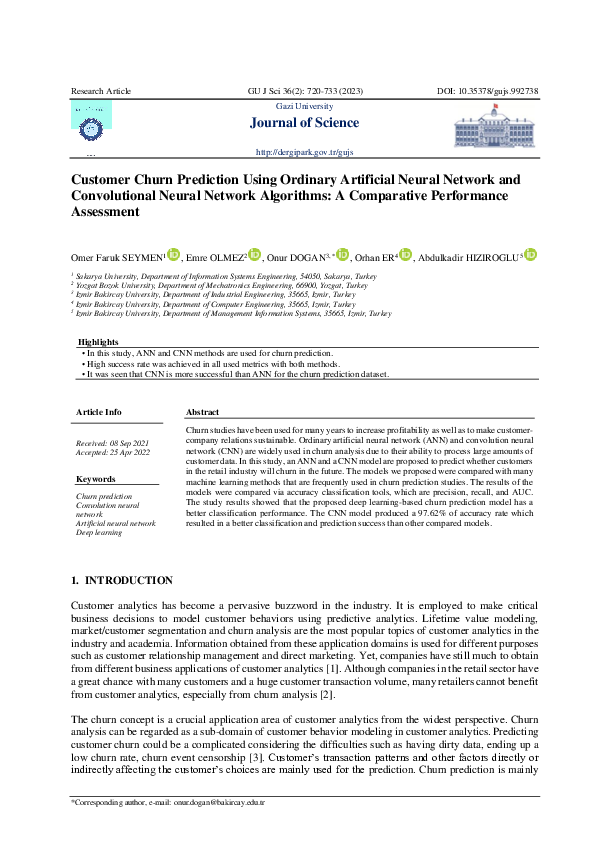 (PDF) Customer Churn Prediction Using Ordinary Artificial Neural Network and Convolutional ...