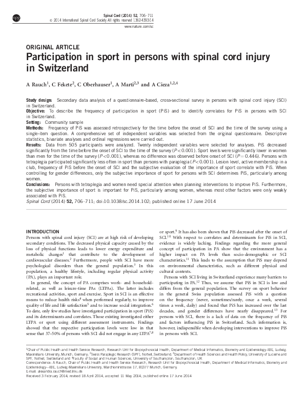 (PDF) Participation in sport in persons with spinal cord injury in Switzerland