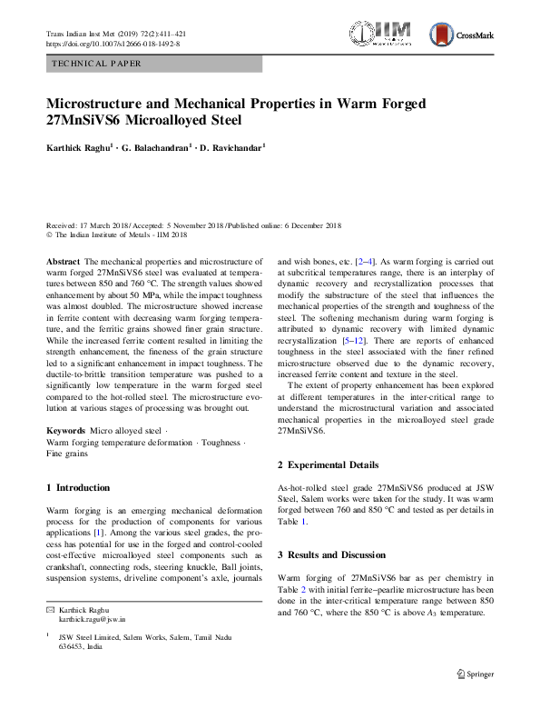 (PDF) Microstructure and Mechanical Properties in Warm Forged 27MnSiVS6 Microalloyed Steel