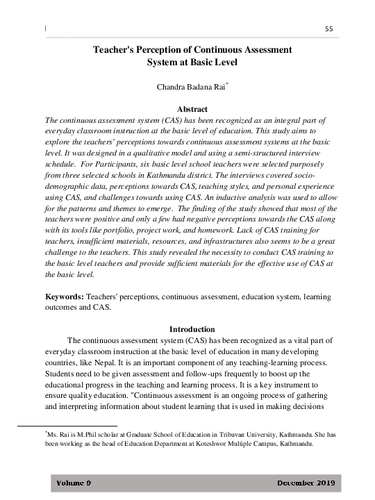 (PDF) Teacher's Perception of Continuous Assessment System at Basic Level
