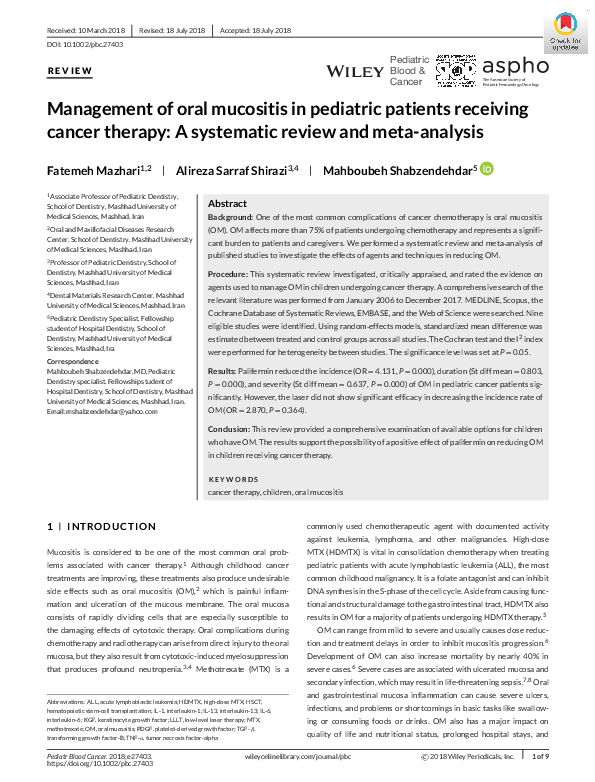 (PDF) Management of oral mucositis in pediatric patients receiving cancer therapy: A systematic ...