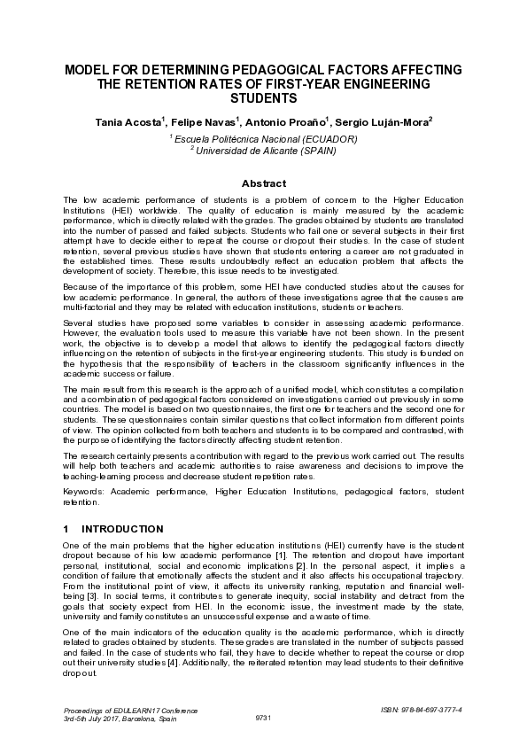 (PDF) Model for Determining Pedagogical Factors Affecting the Retention ...
